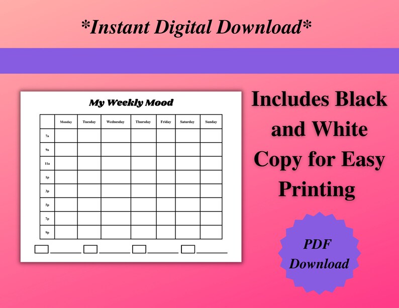 Mood Chart Weekly Mood Chart Printable Mood Tracker Mental Health - Etsy