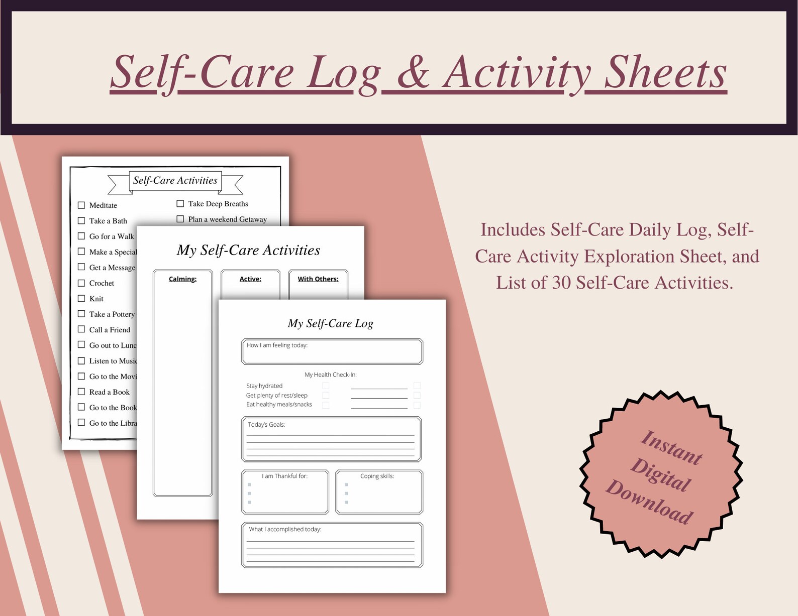 Self-care Log Printable: Daily Journal & Activity Sheet (digital ...