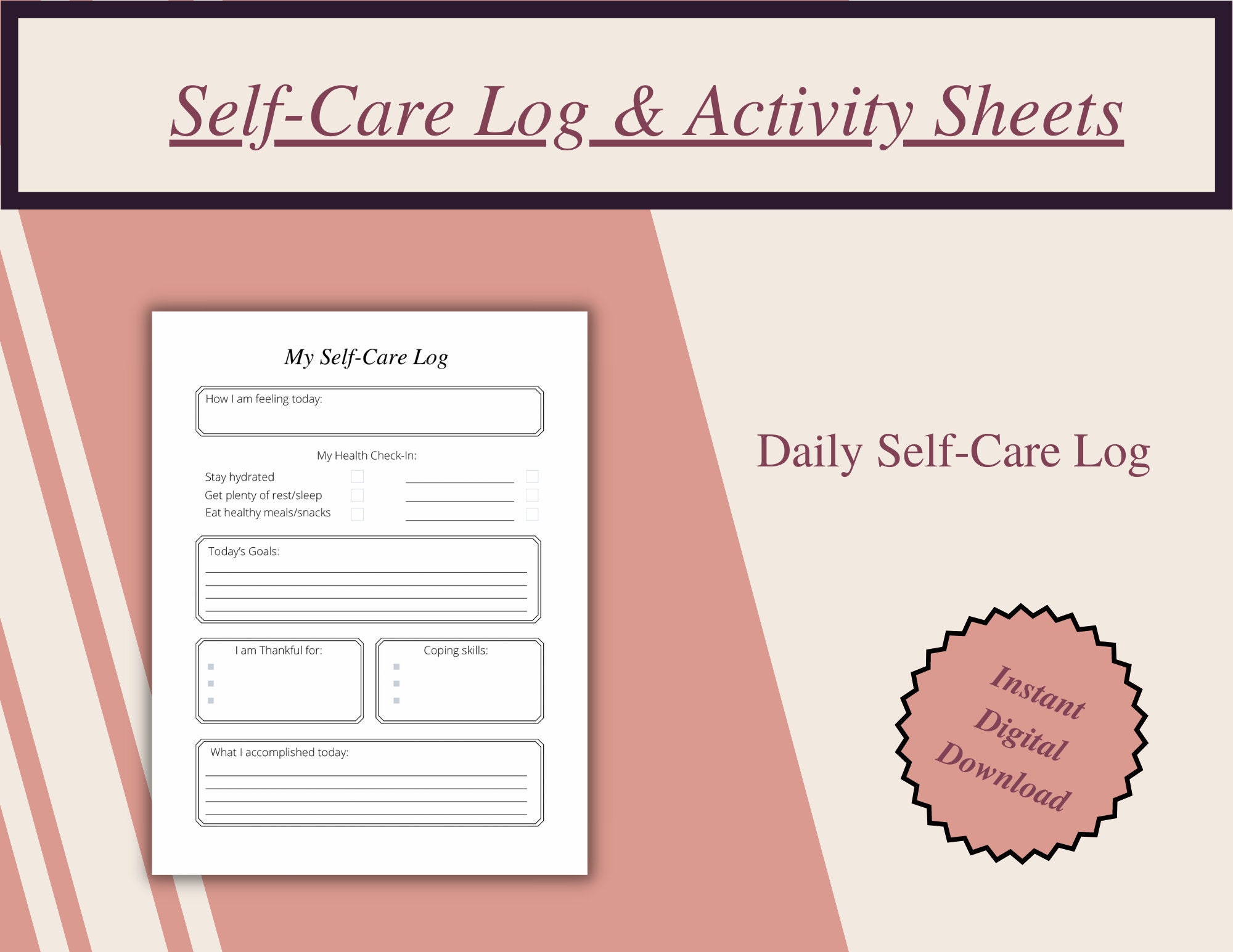Self-care Log Daily Journal Printable Self-care Log Printable - Etsy