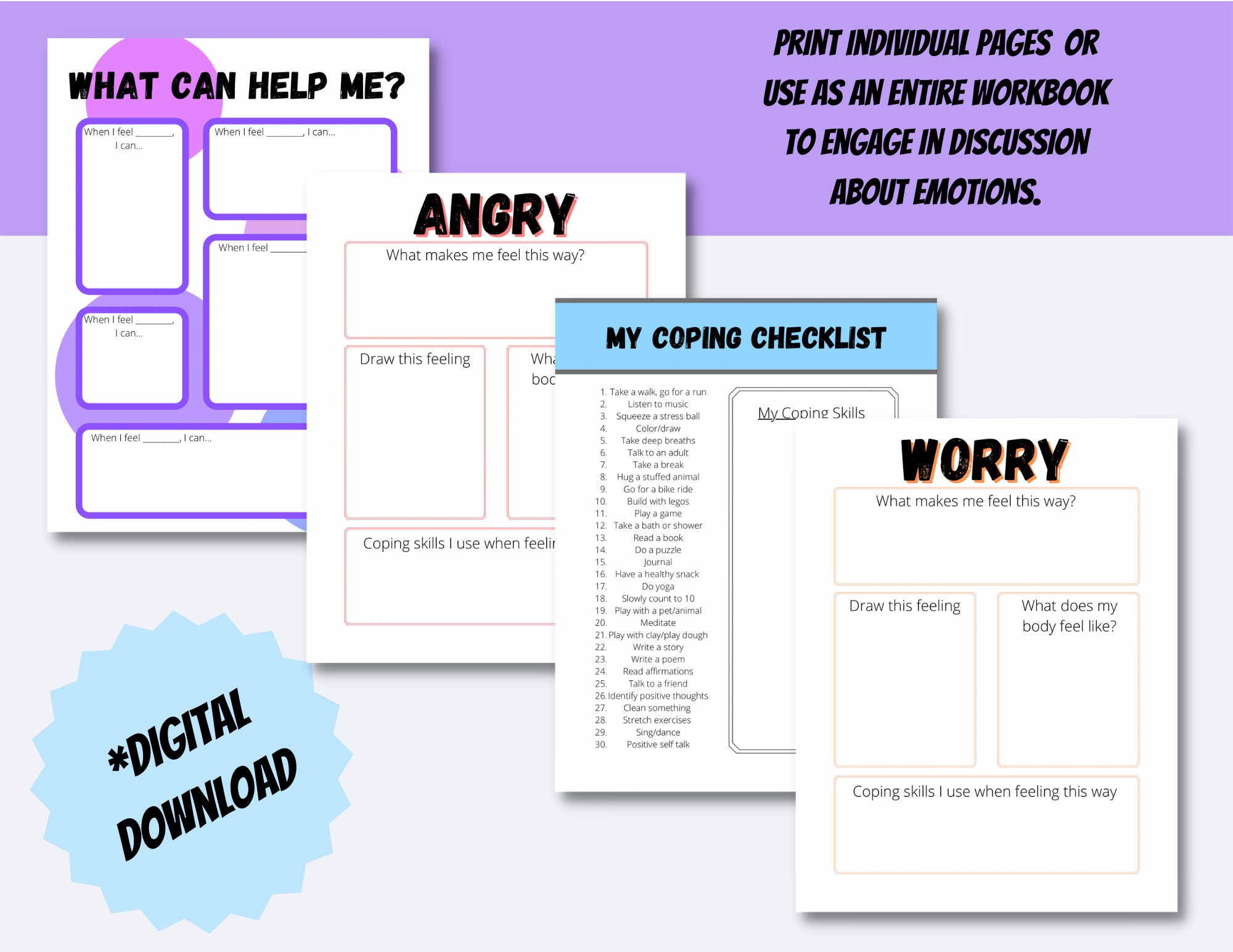 Emotions Workbook Coping Skills Worksheets Childrens - Etsy