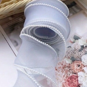 Chiffon Ribbon With Pearls Edge Ivory and White Colours Wedding Ribbon ...