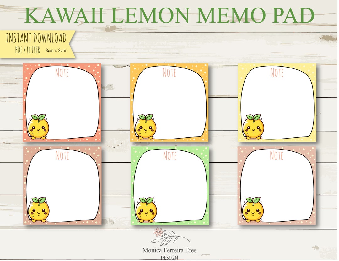 Kawaii Lemon Memo Pad / Colorful / Memo Sheets / Memo Pad / Digital Design / Sticky Note ...