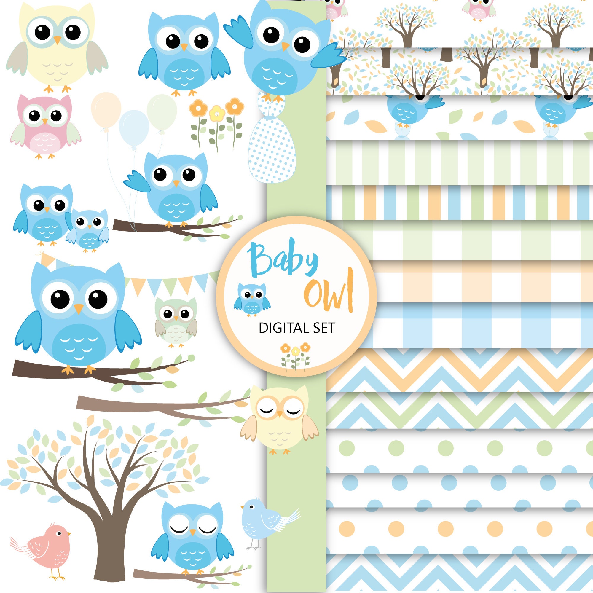 Baby Owl SET / Clip Art / Digital Paper / Scrapbooking /digital Planner ...
