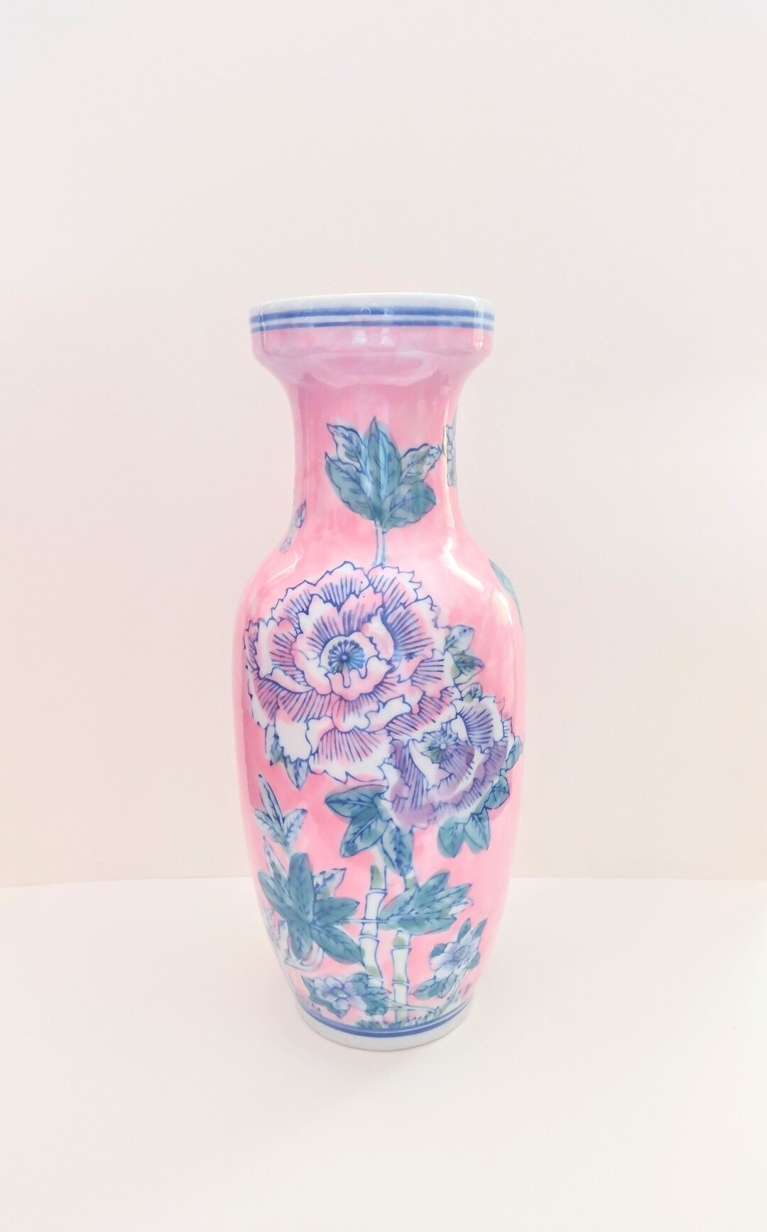 Vintage 12 Inches Chinese Decorative Vase Hand Painted Floral Vase Pink ...