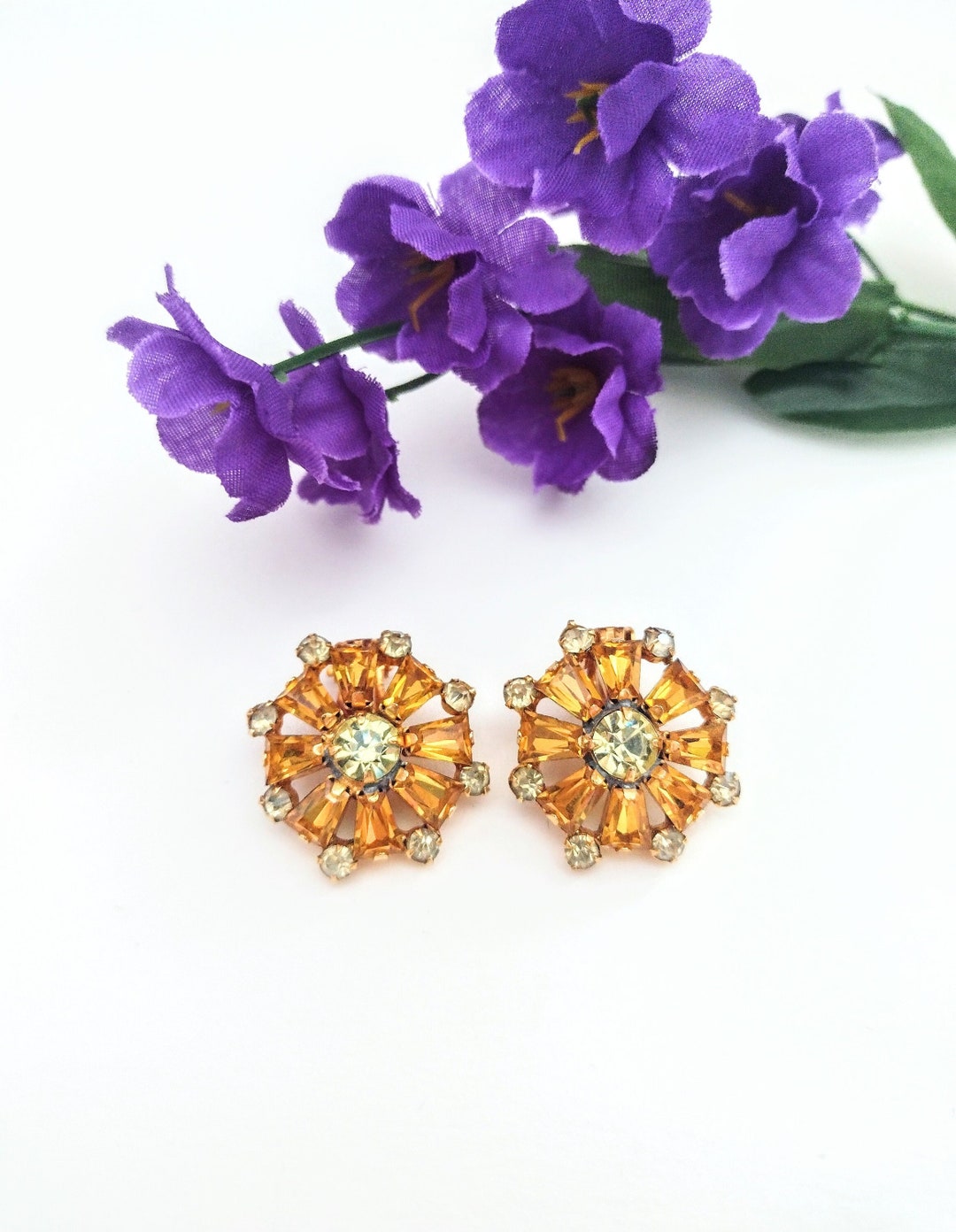 Vintage Yellow Rhinestone Clip-on Earrings Round Rhinestone Earrings ...