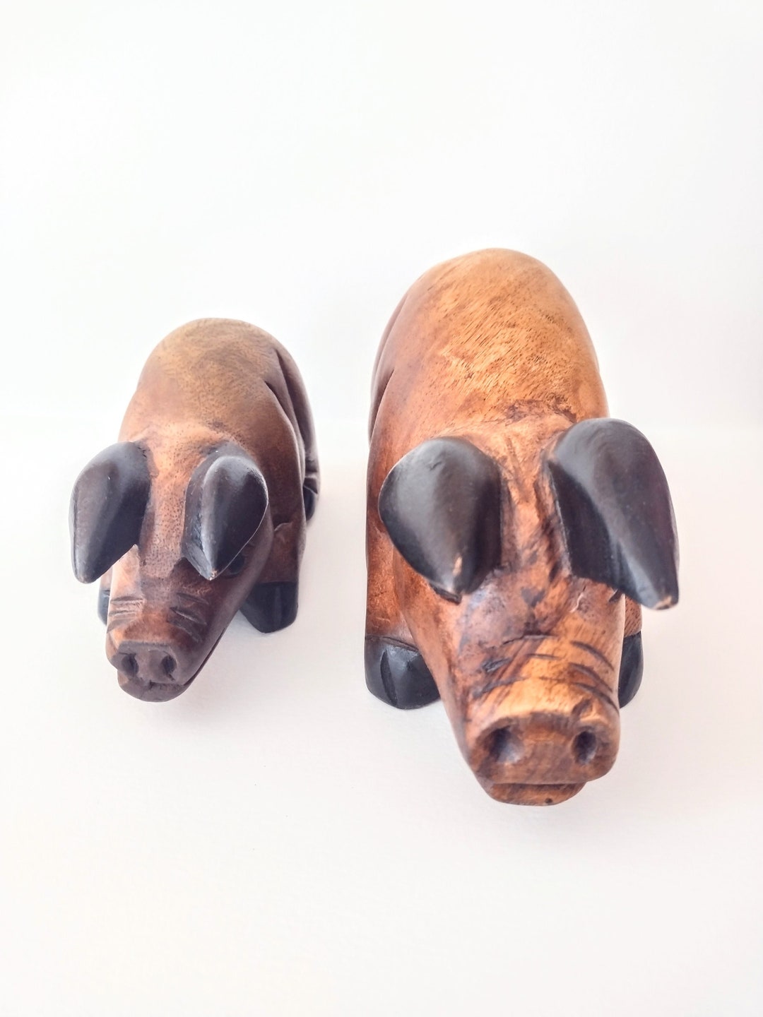 Vintage Hand Carved Wooden Pig Sculptures - Farm Animal Figurines ...