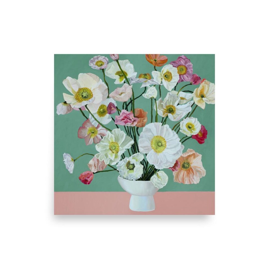 Modern Icelandic Poppies Wall Art Print | Mint Green & Coral Colour Pop ...