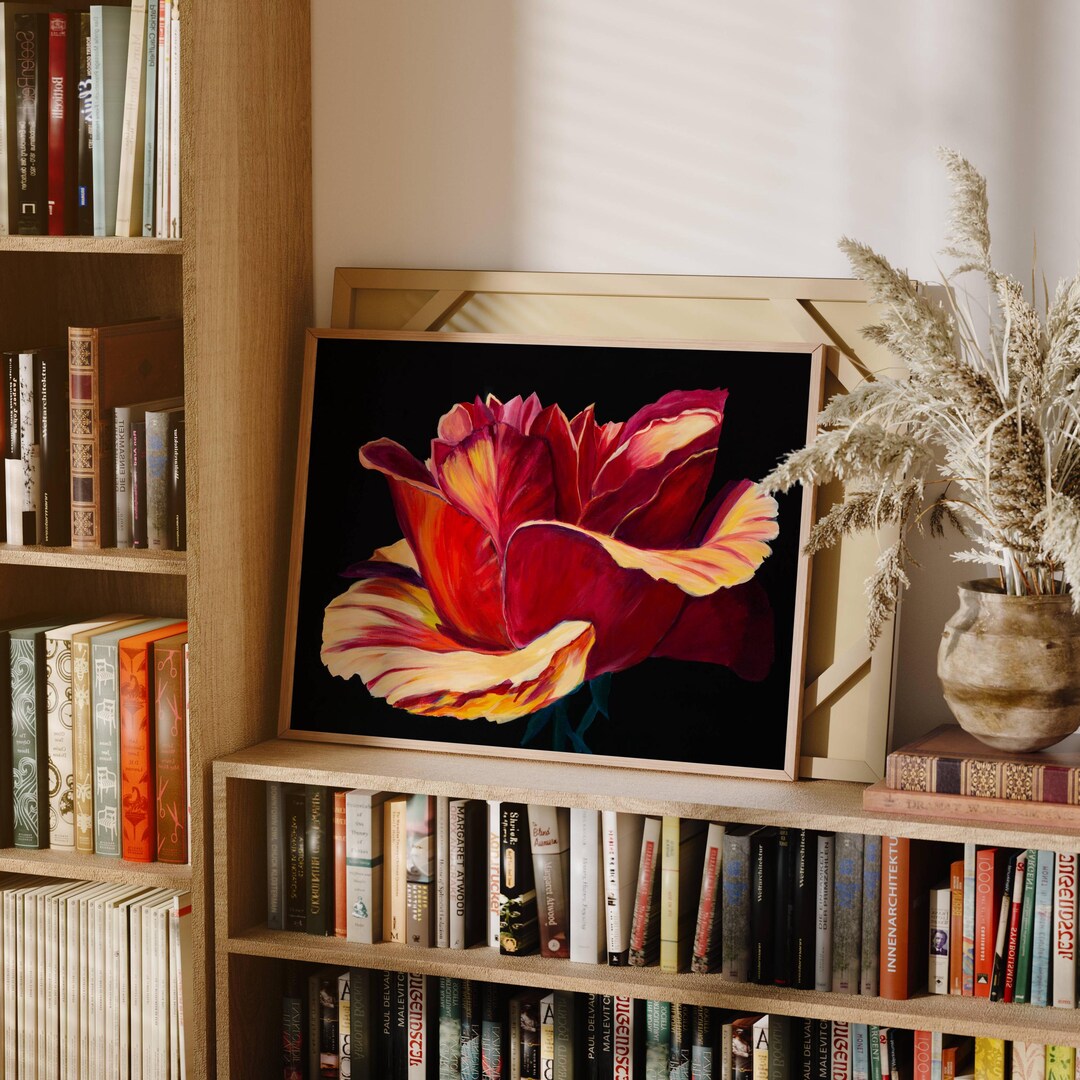 Moody Red Yellow Rose Wall Art Print, Moody Wall Art, Dark Horizontal ...