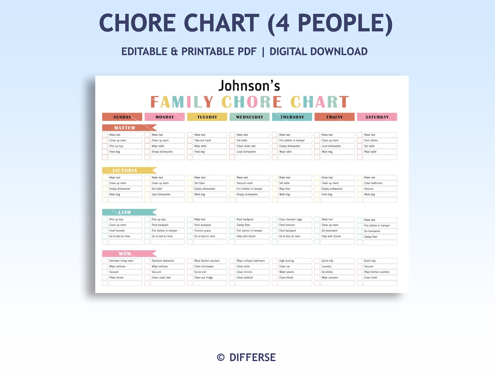 Chore Chart for 4 Kids | Family Chore Chart | Kids Chore Chart | Family ...