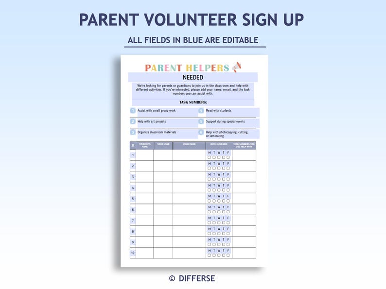 Editable Parent Volunteer Sign up Sheet | Parent Volunteer Form ...