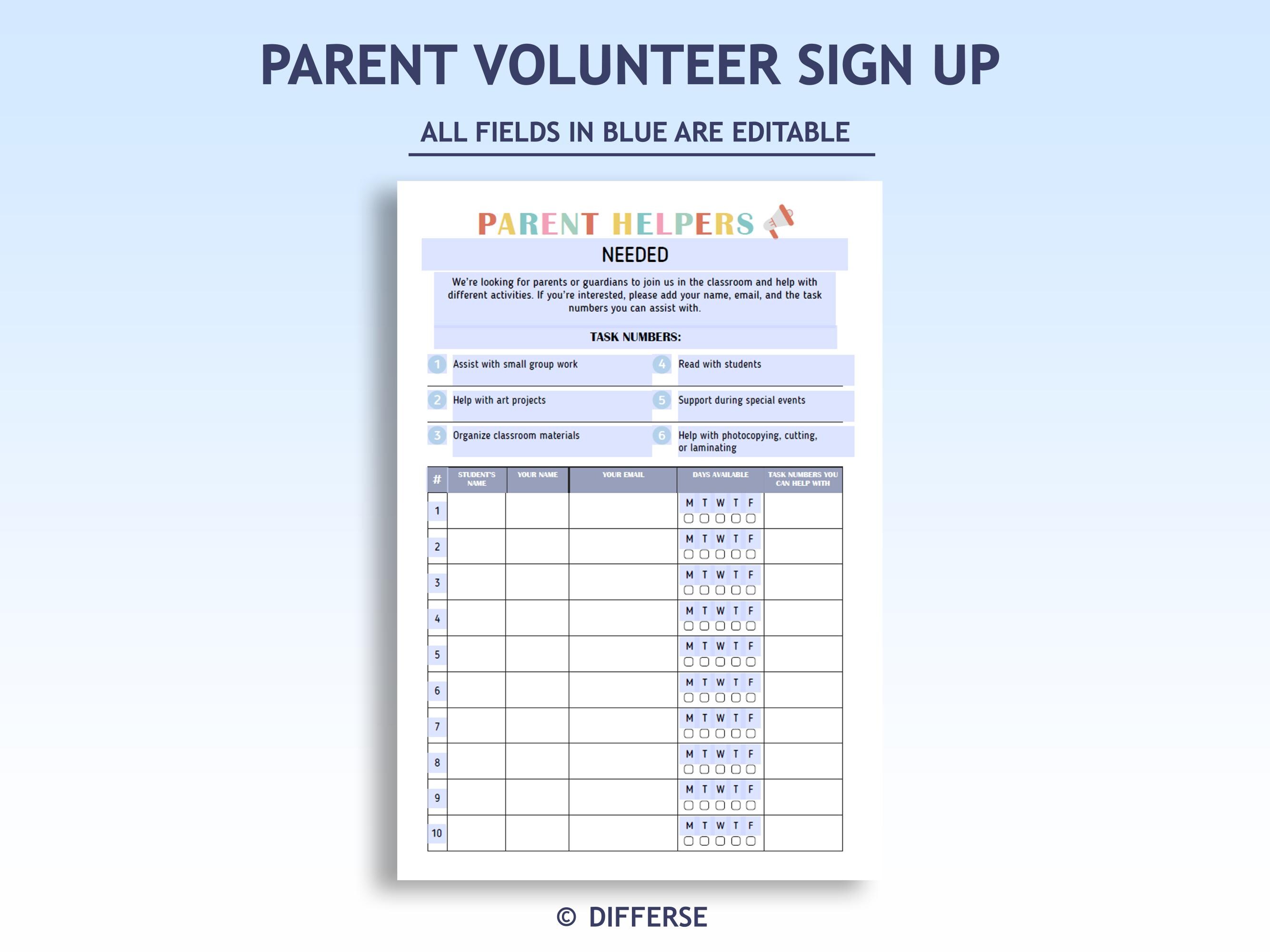 Editable Parent Volunteer Sign up Sheet | Parent Volunteer Form ...