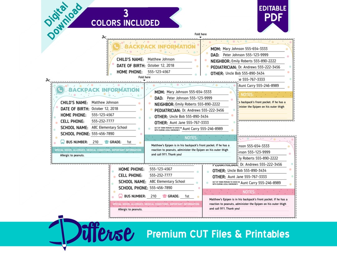 Editable Backpack ID Tag Child Identification Card Emergency Card ...