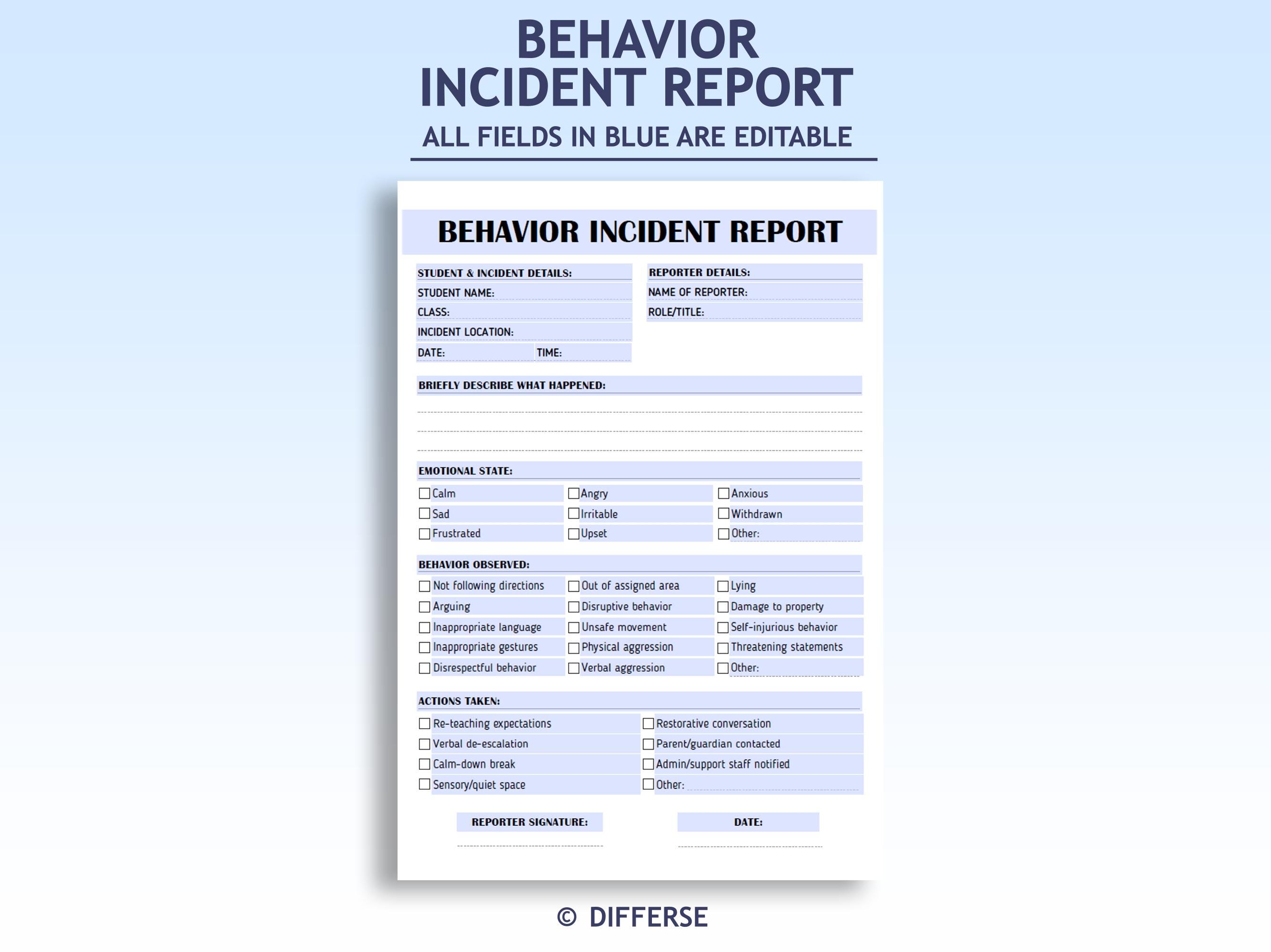 Editable Behavior Incident Report | Behavior Report | Early ...