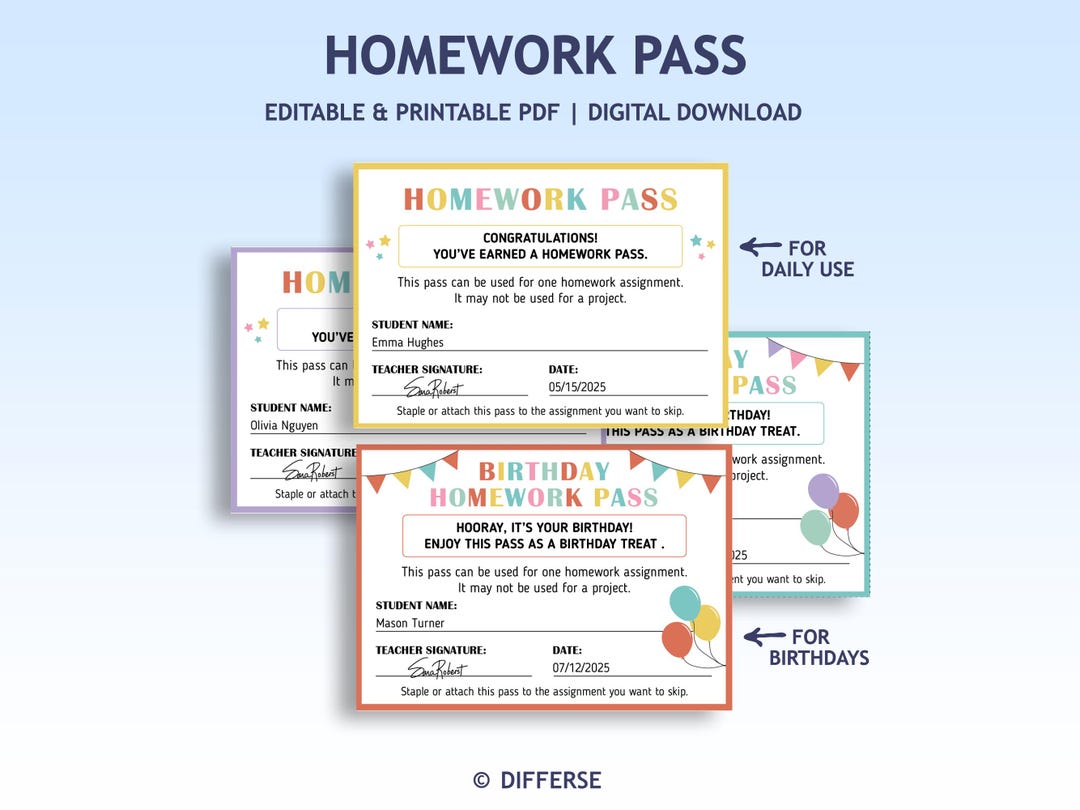 Editable Homework Pass | No Homework | Birthday Homework Pass | Teacher ...