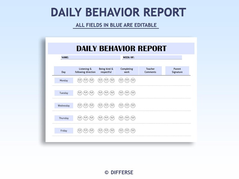 Editable Daily Behavior Report Card | Printable Behavior Chart | Weekly ...