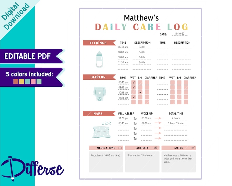 Editable Baby Daily Log Printable Nanny Log Daycare Report - Etsy