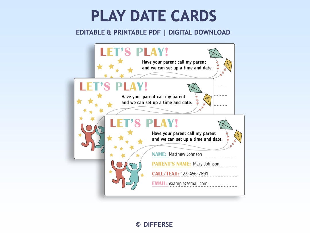 Play Date Cards | Kids Contact Cards | Calling Card for Kids| Lets Play ...
