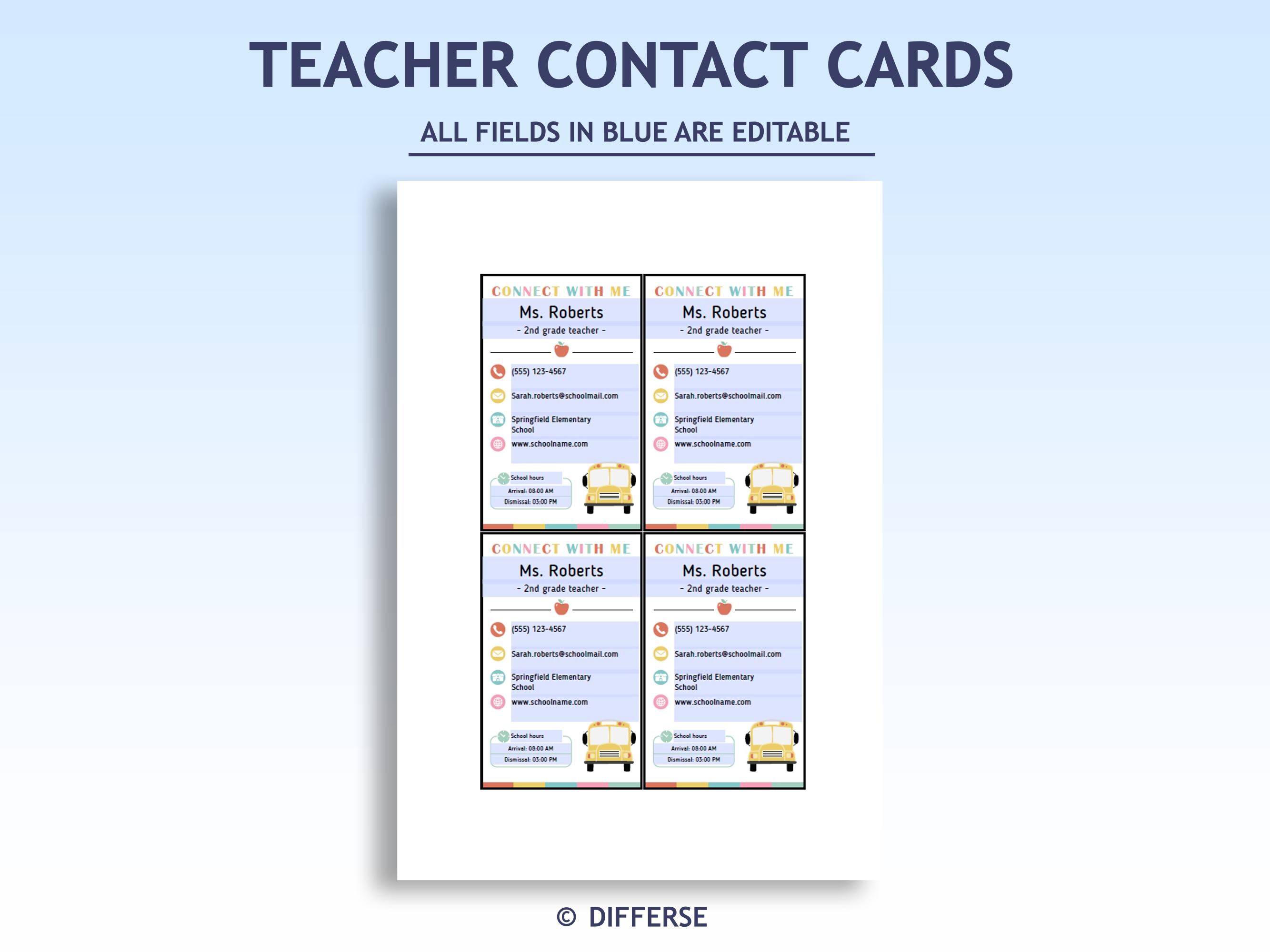 Editable Teacher Contact Cards | Teacher Contact Information | Teacher ...
