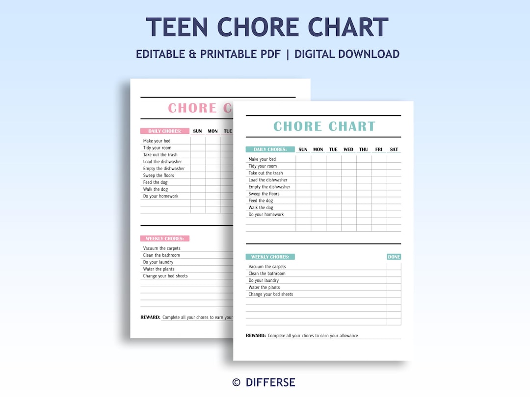Teen Chore Chart | Chore Chart for Teens | Kids Chore Chart ...