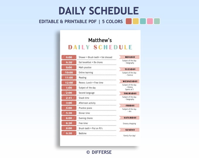 Kids Daily Schedule Template/ Homeschool Daily Routine / Kids to Do ...