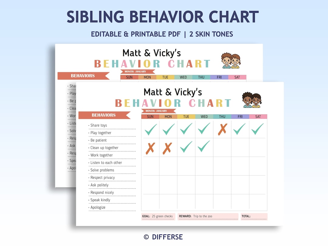 Behavior Chart for Siblings | Monthly Behavior Chart for 2 Kids ...