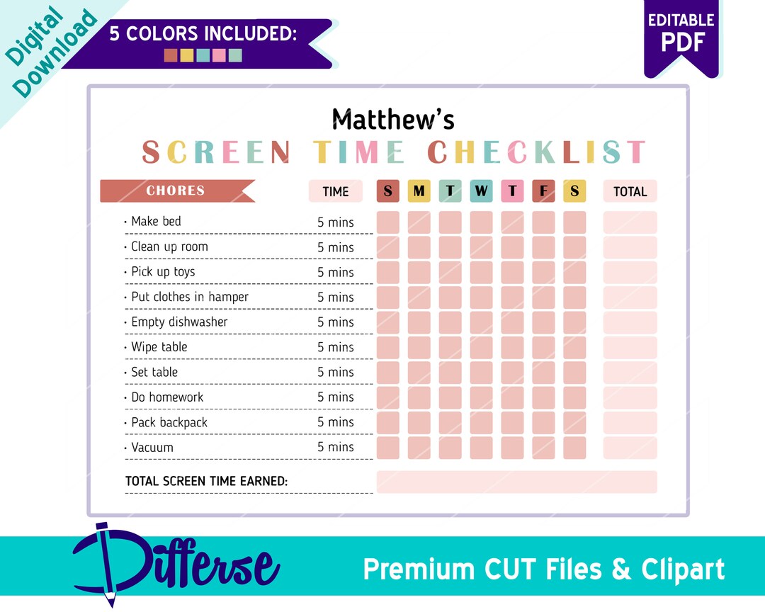 Screen Time Checklist Screen Time Chart Screen Time Tracker Chore Chart ...