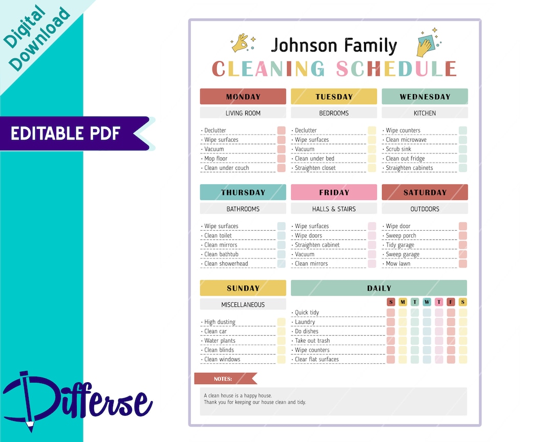 Editable Family Cleaning Schedule Kids Cleaning Schedule - Etsy