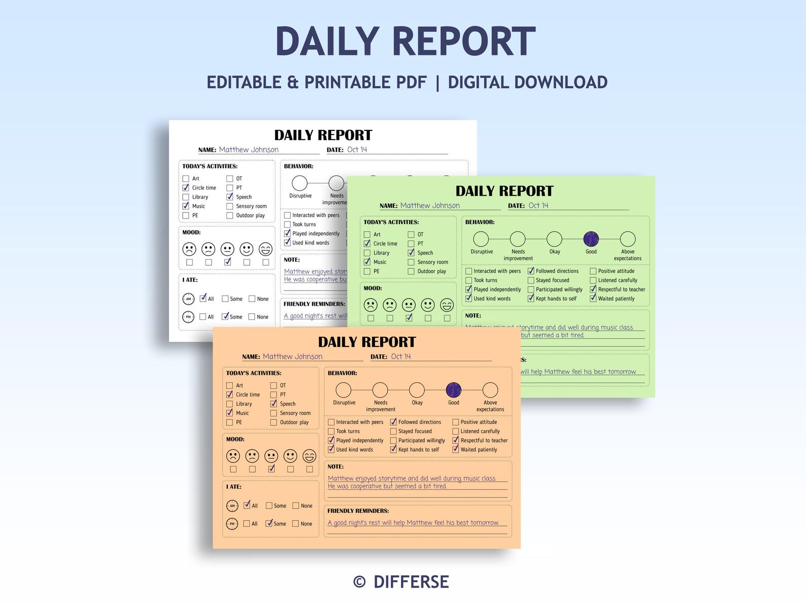 Editable Daily Report | Daily Behavior | Daily Report for Daycare ...