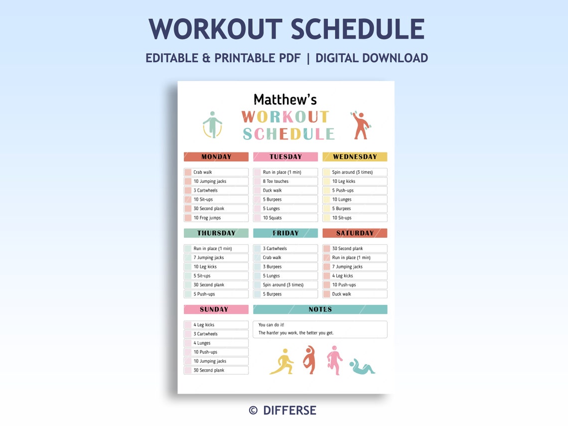Kids Workout Schedule | Kids Exercise Checklist | Exercise Tracker ...