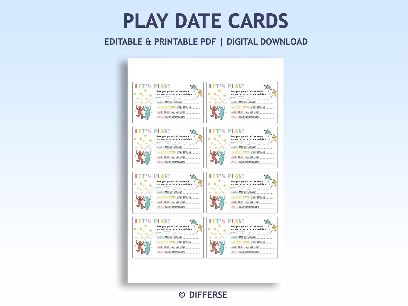Play Date Cards | Kids Contact Cards | Calling Card for Kids| Lets Play ...