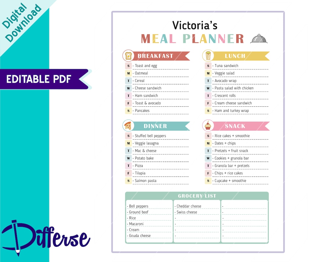Kids Meal Planner Weekly Meal Planner Printable Meal Plan - Etsy
