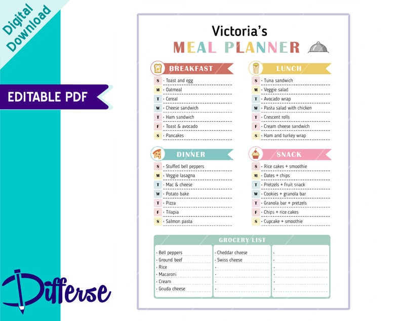 Kids Meal Planner Weekly Meal Planner Printable Meal Plan - Etsy