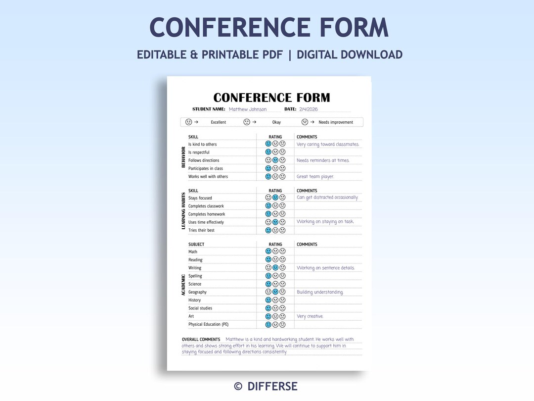 Editable Parent Teacher Conference Form | Conference Notes | Behavior ...