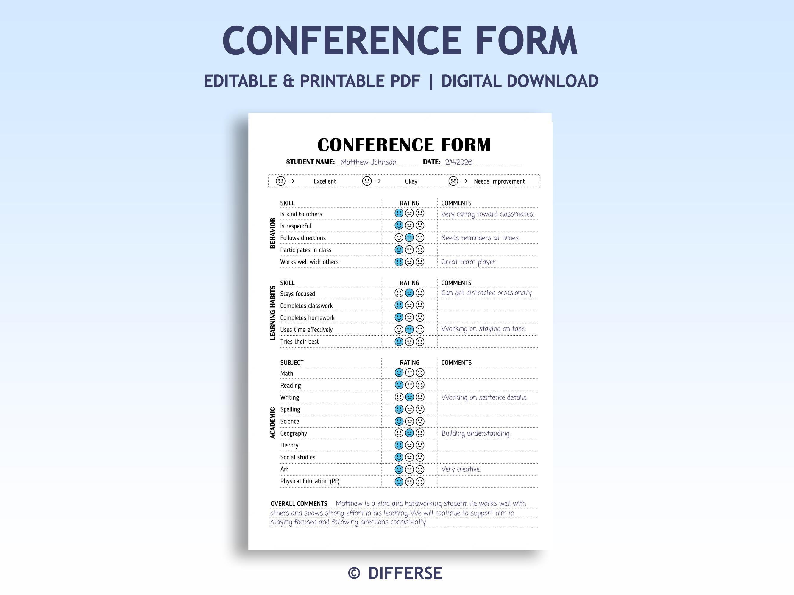 Editable Parent Teacher Conference Form | Conference Notes | Behavior ...