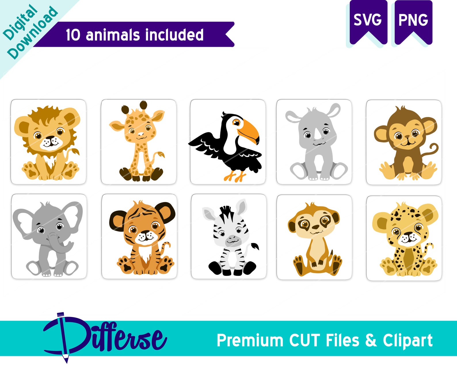 10 Cute Baby Safari Animals | SVG Cut File & PNG | Baby Jungle Animals ...