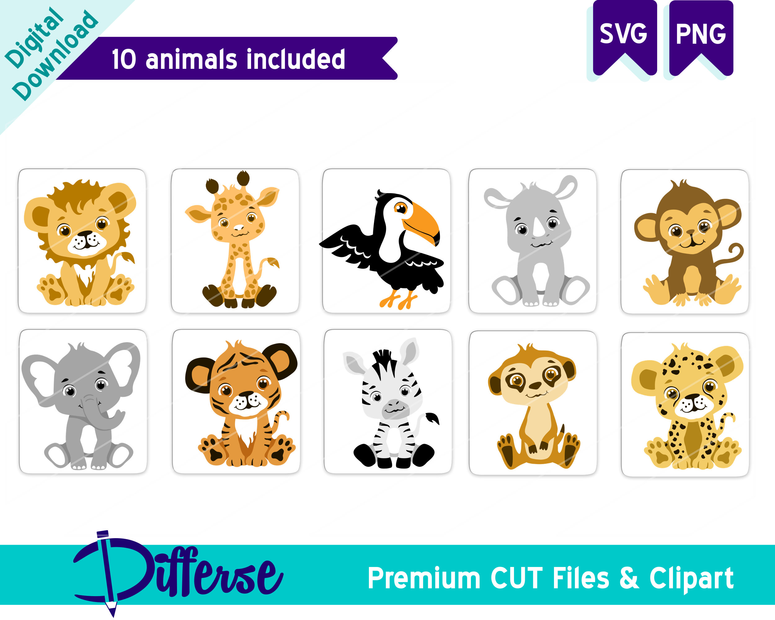 10 Cute Baby Safari Animals SVG Cut File & PNG Baby Jungle - Etsy