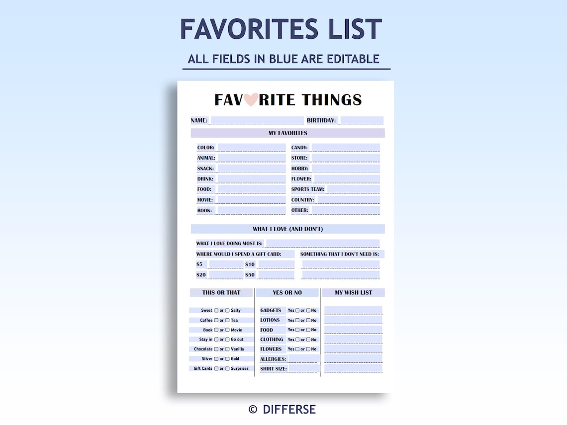 Favorite Things List | Printable Gift List | My Favorites Survey ...