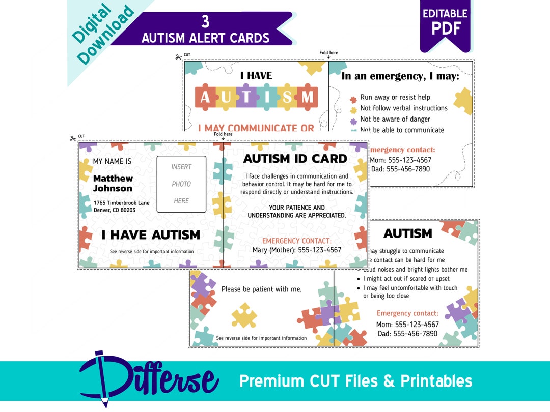 Editable Autism ID Card Emergency Contact Card Autism Medical Card ...