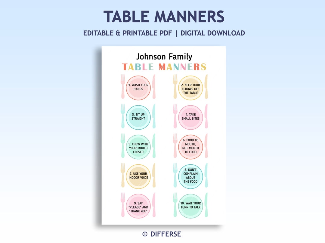 Kids Table Manners Chart | Dining Etiquette | Good Habits | Printable ...