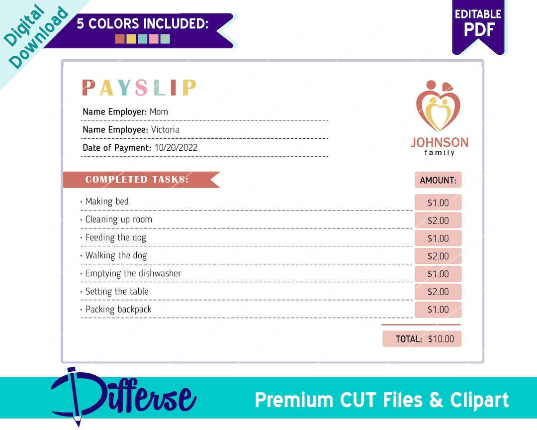 Editable Payslip for Kids Reward System for Kids Allowance Tracker Good ...