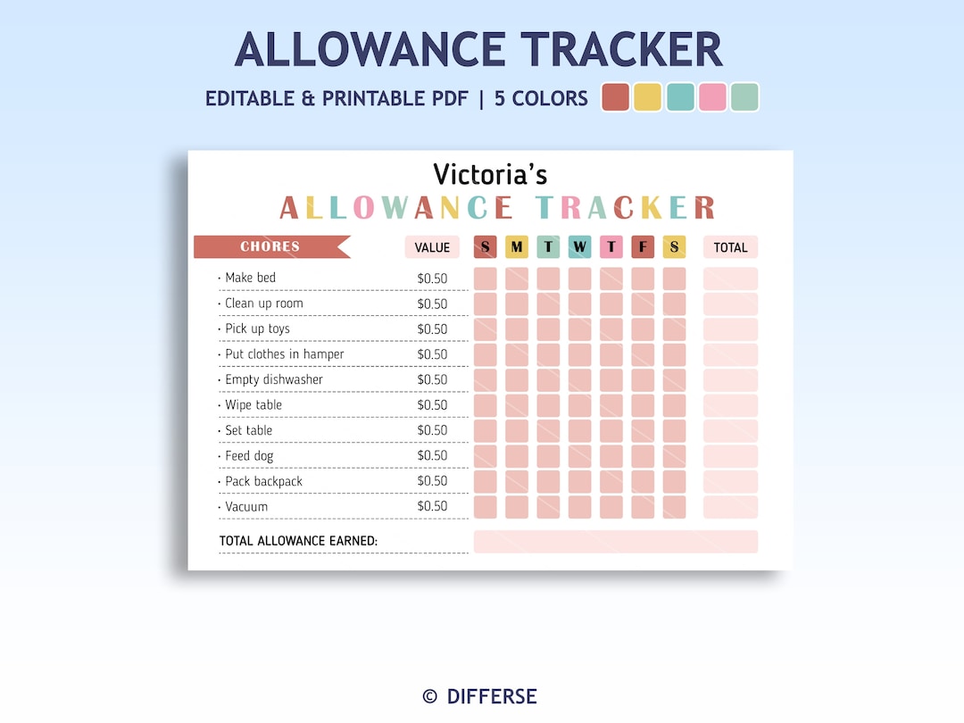 Editable Allowance Chart for Kids | Allowance Tracker | Editable Chore ...