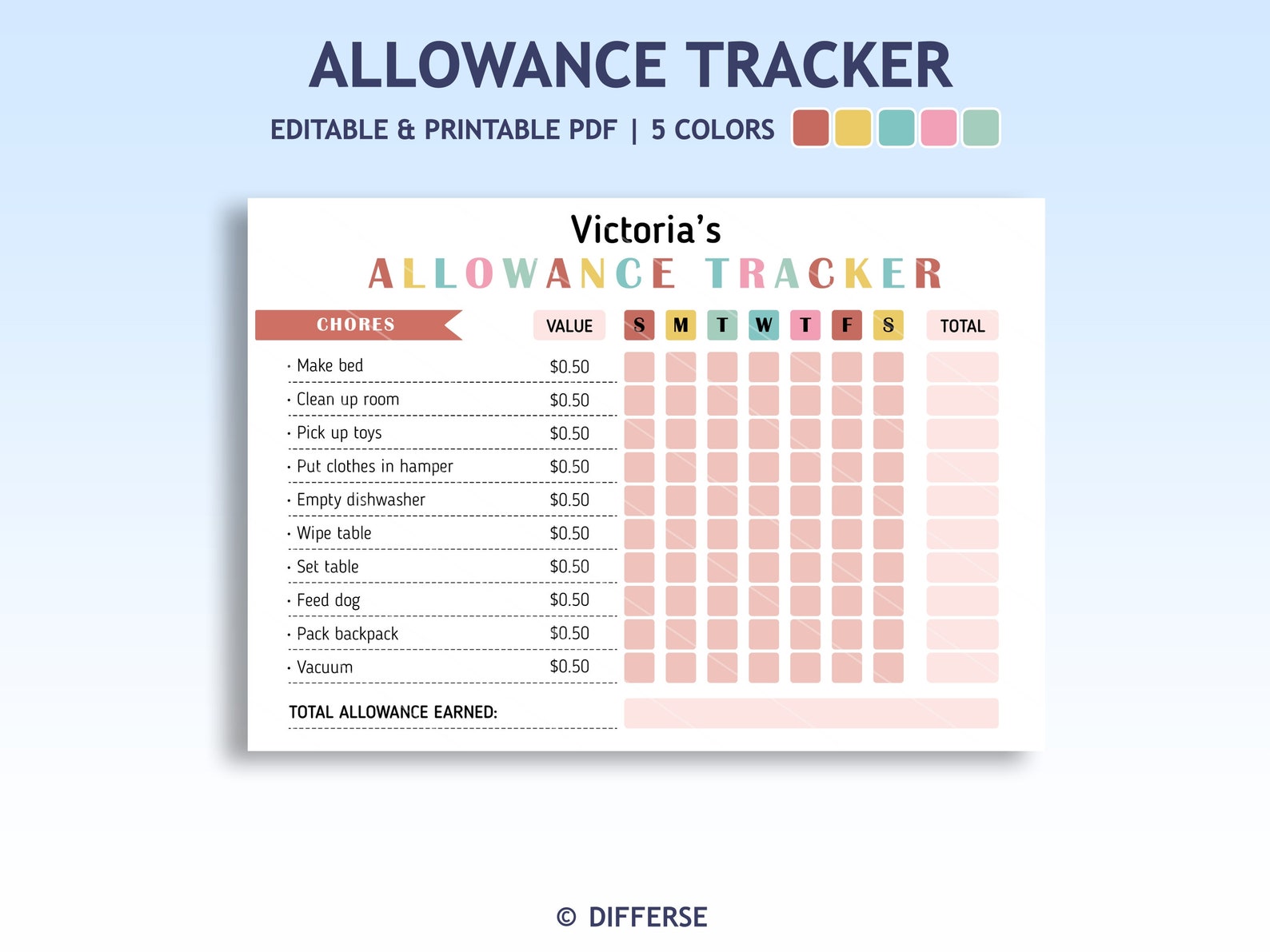 Editable Allowance Chart for Kids | Allowance Tracker | Editable Chore ...