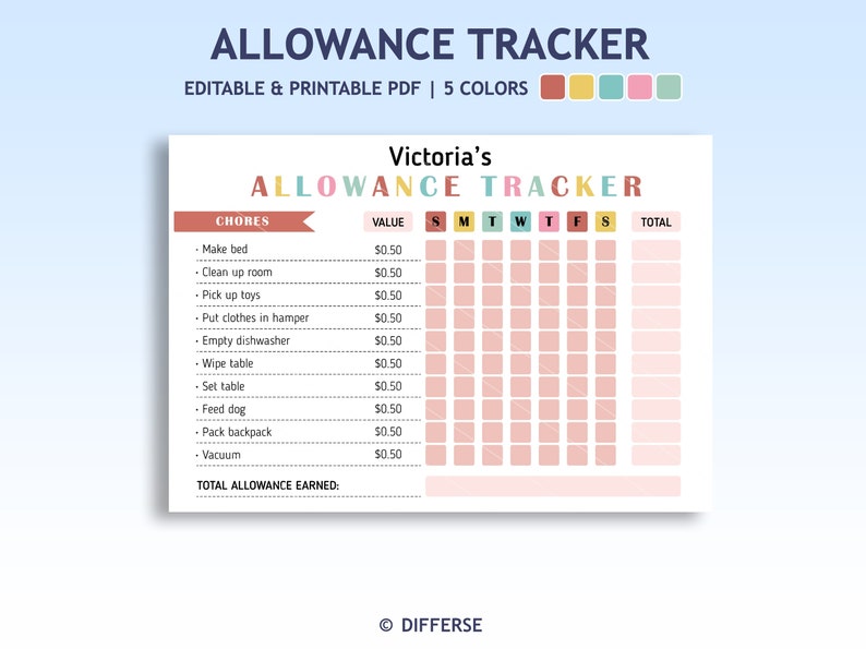 Editable Allowance Chart for Kids | Allowance Tracker | Editable Chore ...