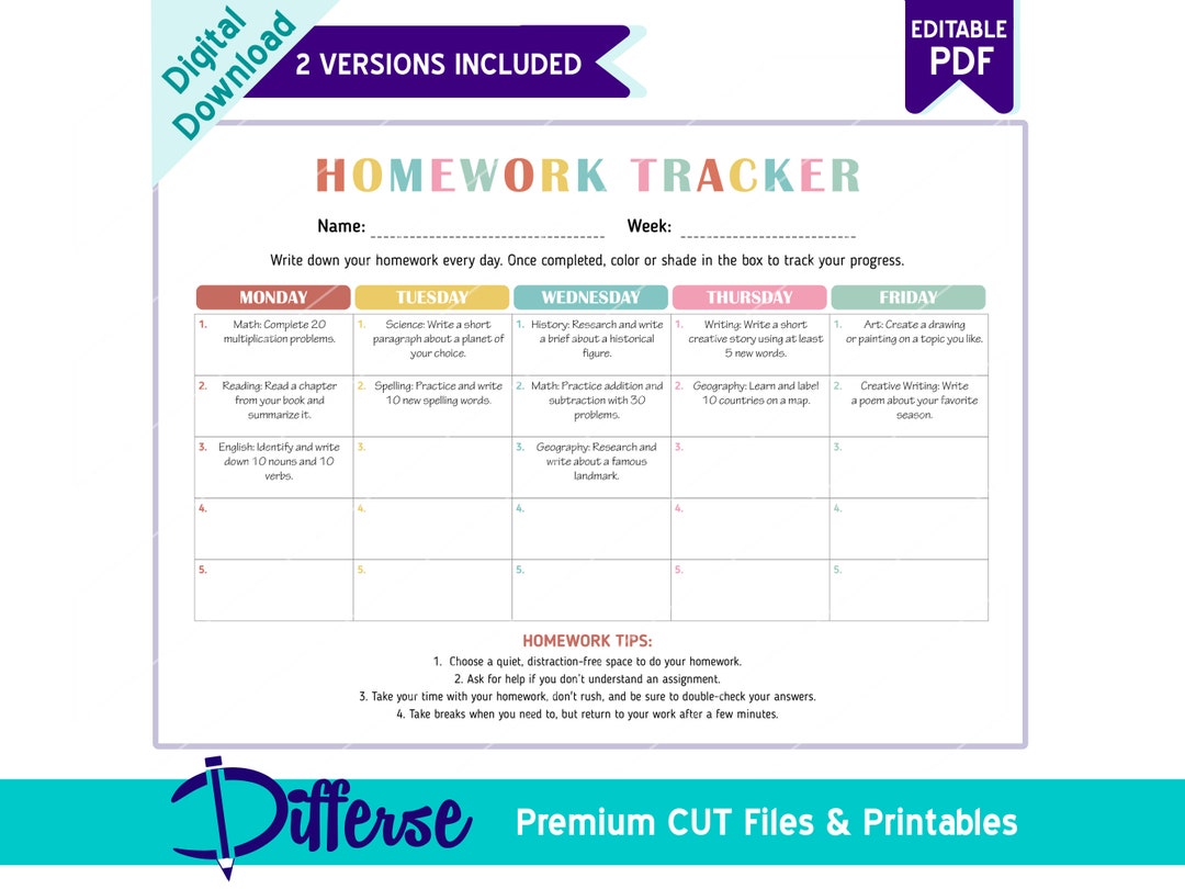 Homework Tracker Editable Homework Chart Printable Homework Chart ...