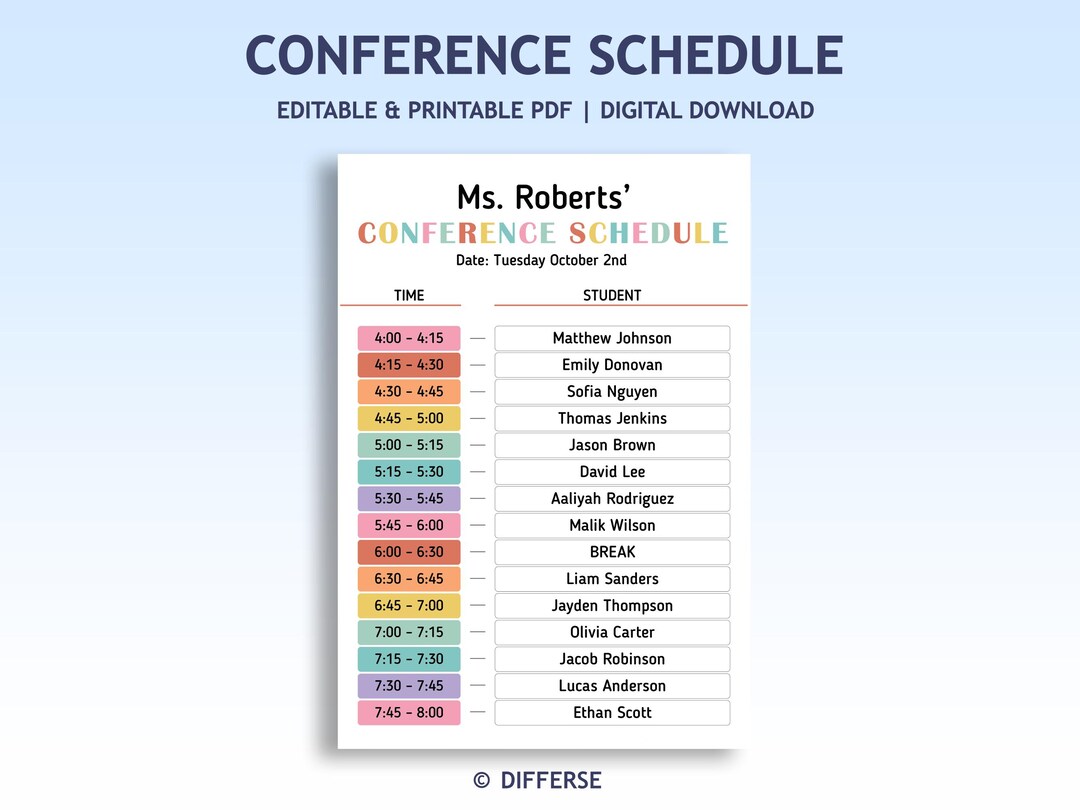 Editable Parent Teacher Conference Schedule | Conference Template ...