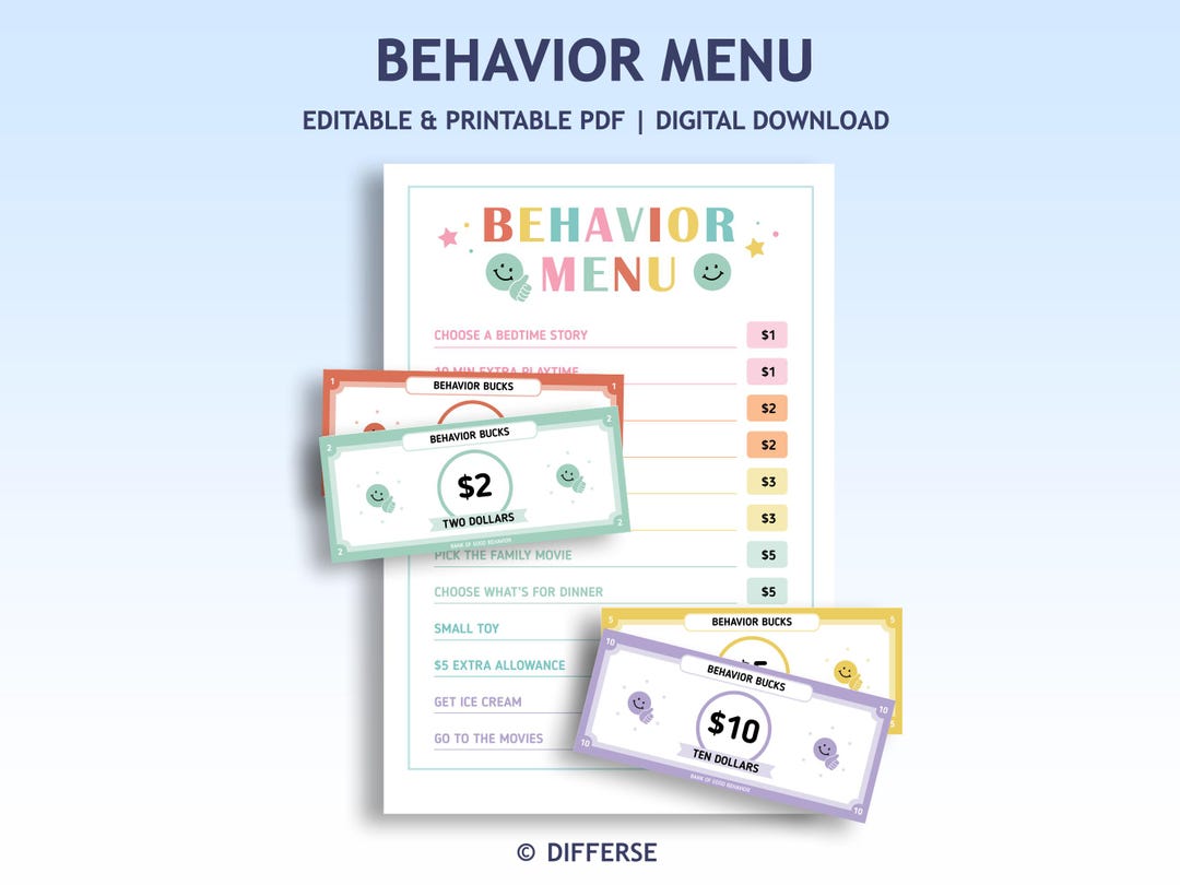 Behavior Menu Reward System for Kids | Mom Bucks | Play Reward Money ...
