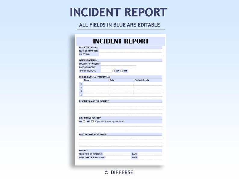 Editable Incident Report Form | Accident Report Sheet | Student Injury ...