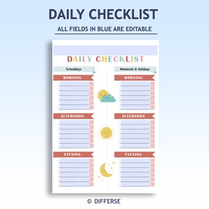 Kids Daily Checklist | Daily Planner | Daily Schedule | to Do Printable ...