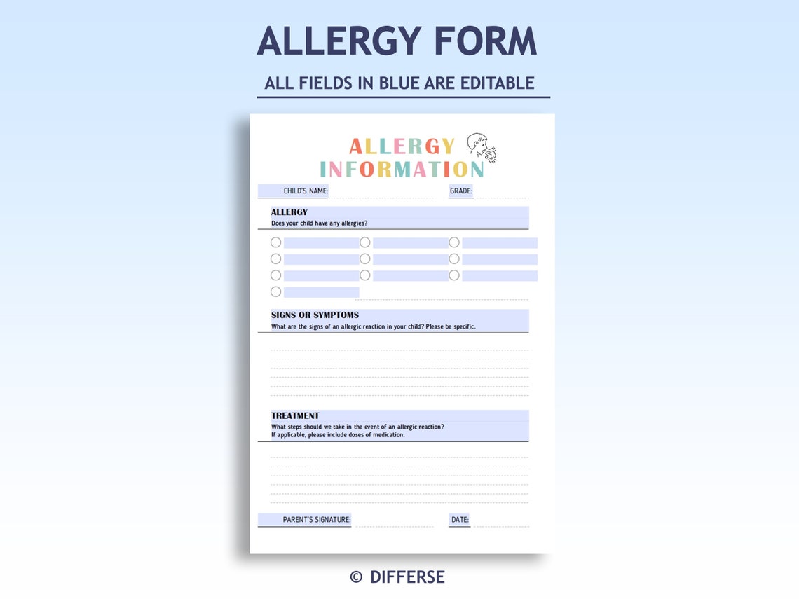 Allergy List + Allergy Information Sheet | Child Allergy Form ...