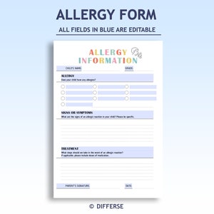 Allergy List + Allergy Information Sheet | Child Allergy Form ...